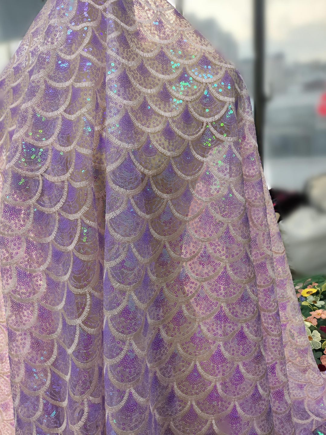 Iridescent Shinny Sequins Fabric, Fish Scales Embroidery Lace for Dance ...