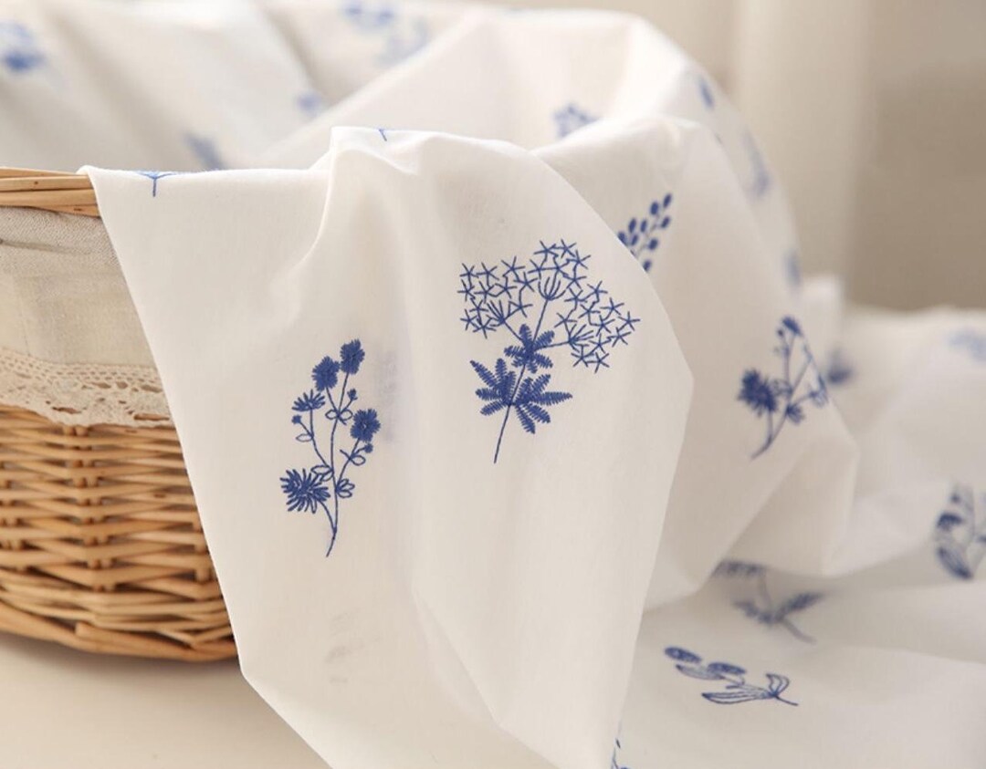 Pretty Blue Flower Embroidered Cotton Fabric, Floral Cotton Lace Fabric ...