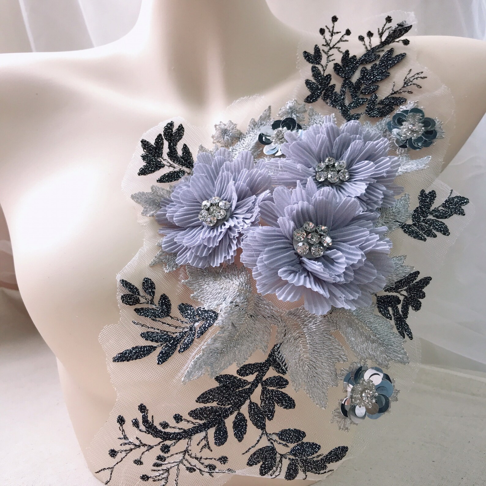 Silver Gray 3D Floral Beaded Rhinestones Lace Applique Patch - Etsy