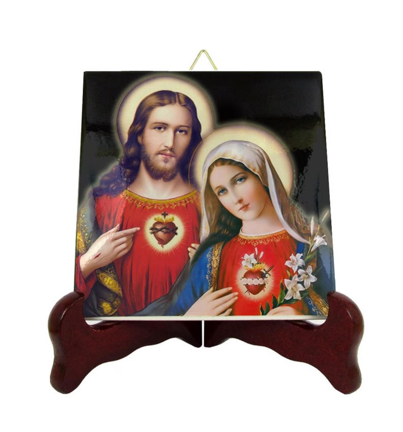 Sacred Heart Ceramic Icon: Jesus and Mary, Handcrafted Religious Gift ...