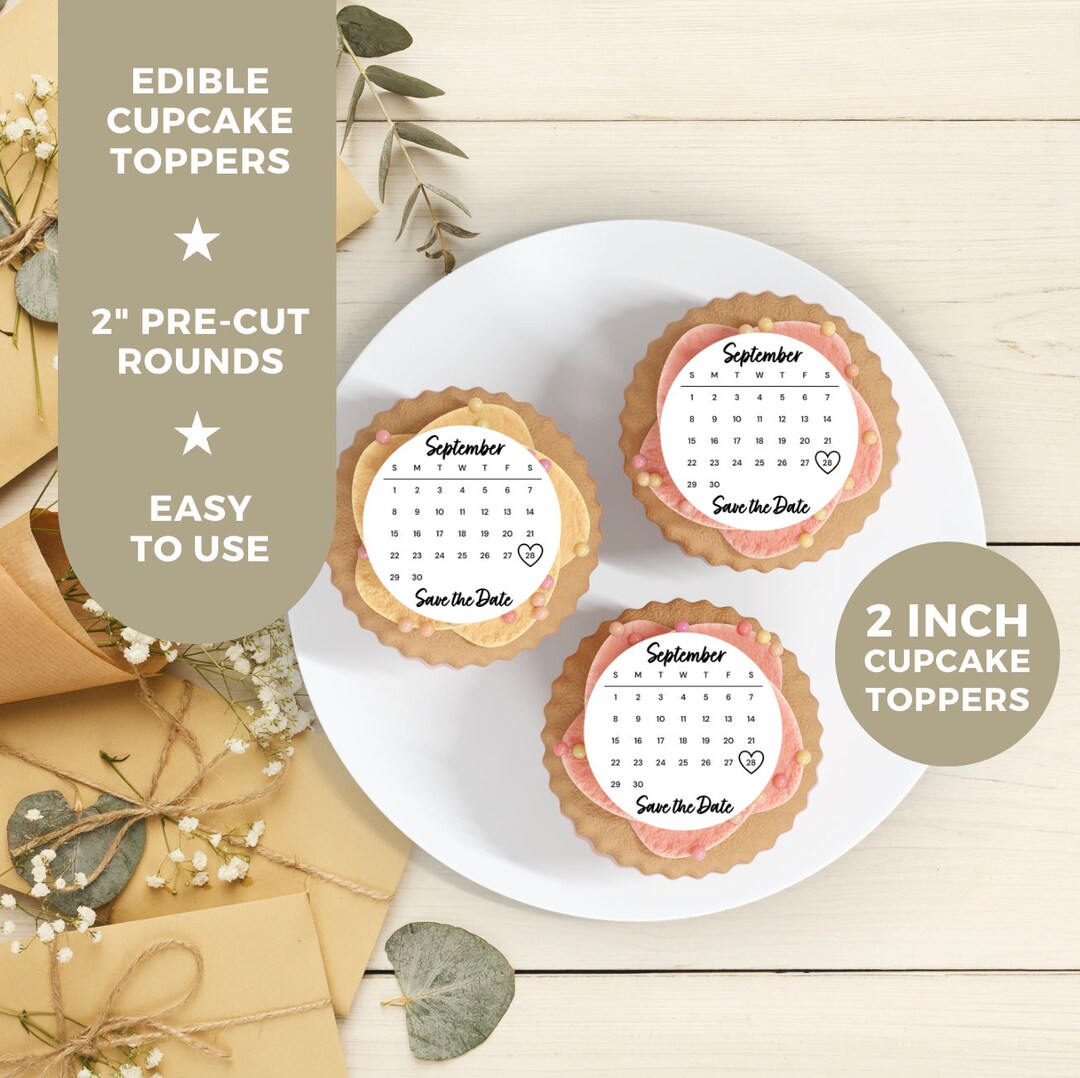 Custom Wedding Save the Date Calendar Pre-cut Edible Cupcake Topper ...