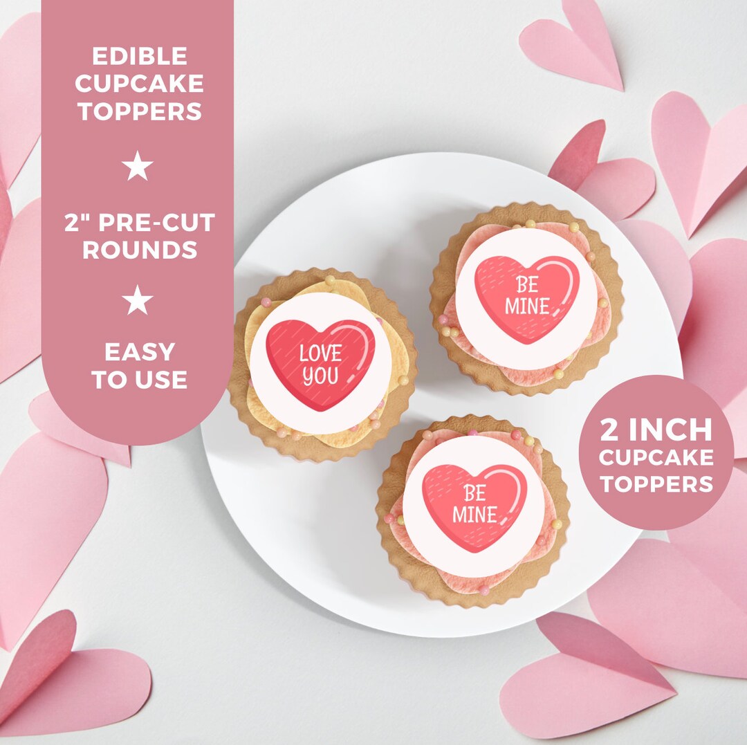 Happy Valentine Conversation Heart Candy Pink Edible Cupcake Topper ...