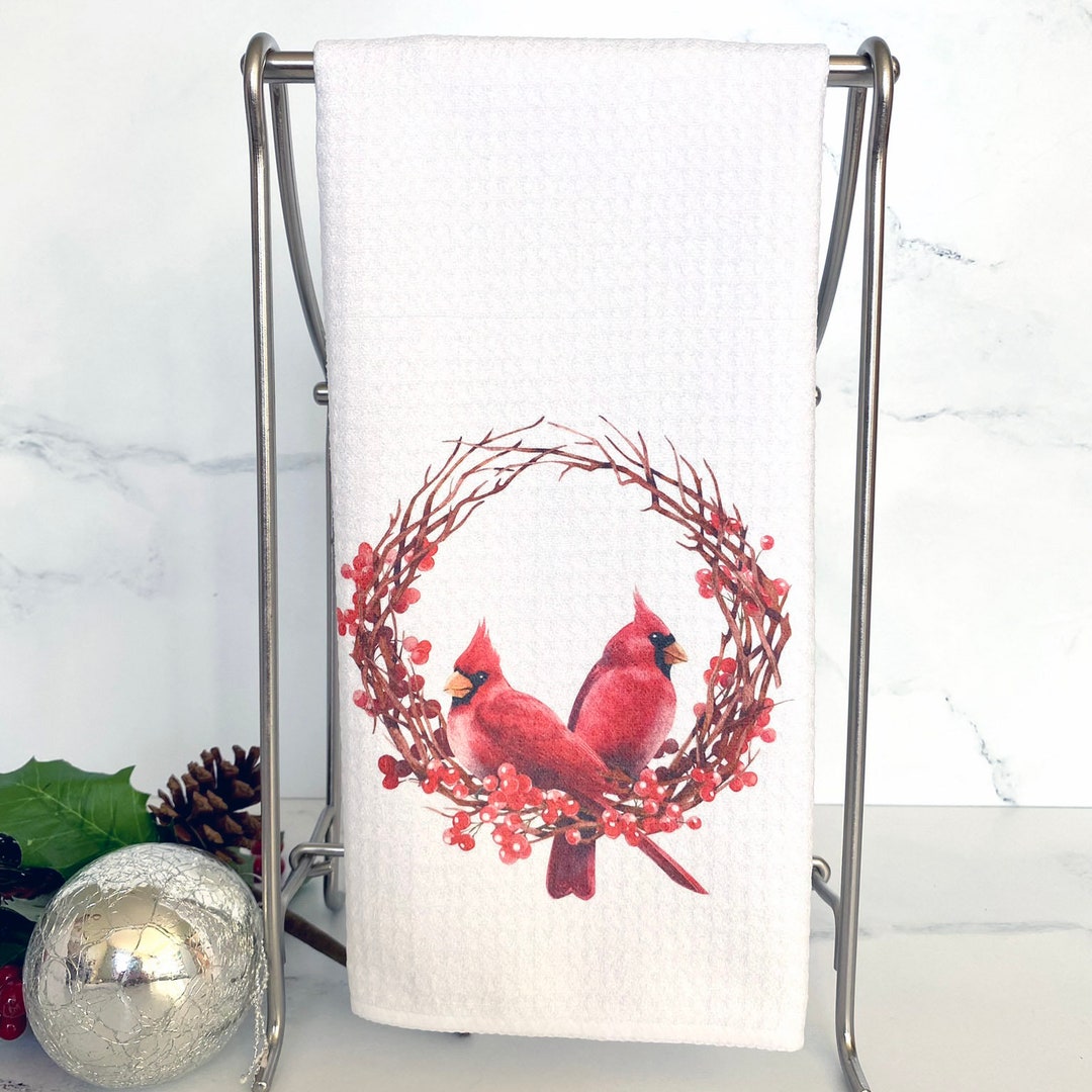 Beautiful Cardinal Wreath Dishtowel-winter Kitchen Decor Two Cardinals ...