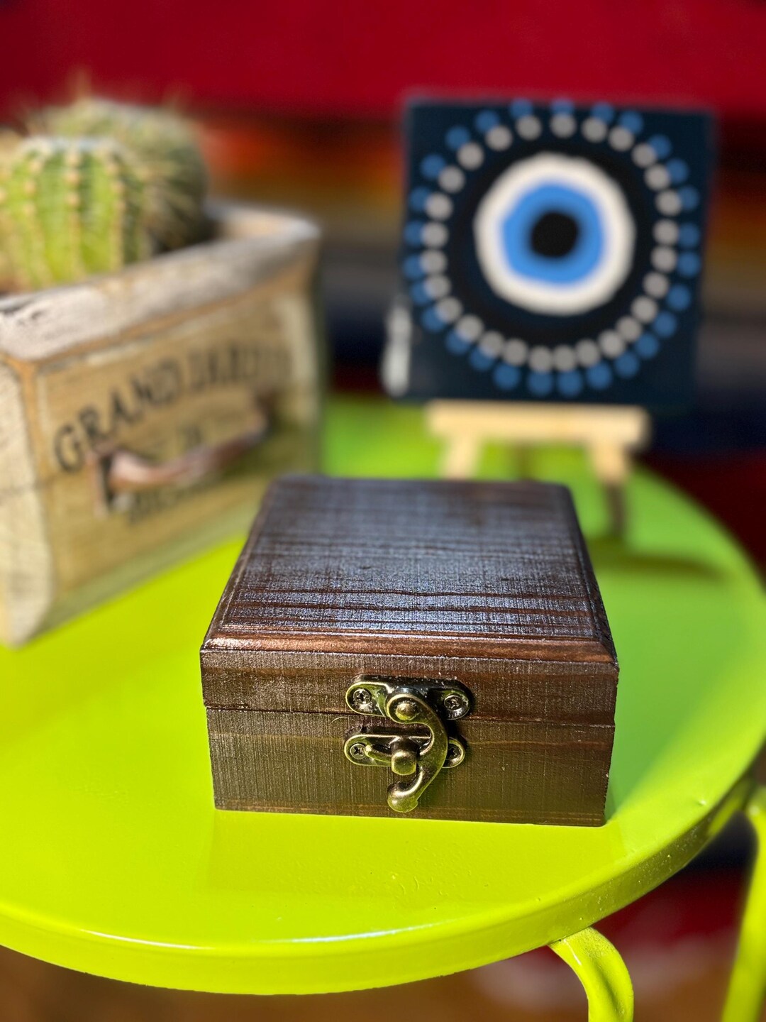 Stained Wooden Box: Caja De Madera Checkered Fabric Lining, Hand ...