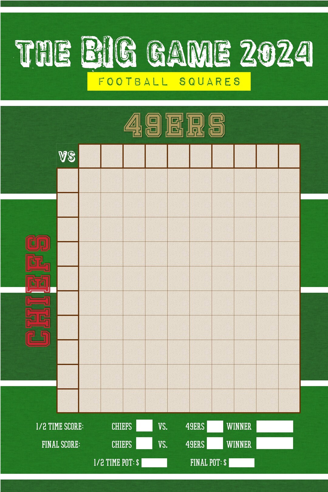 The Big Game 2024 Football Grid or Squares Game Field Style 24x36 ...