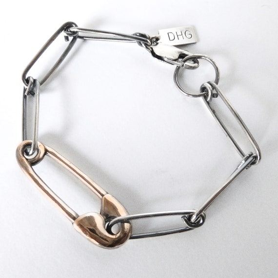 Sterling Silver and Bronze Safety Pin Charm Chain Bracelet | Etsy