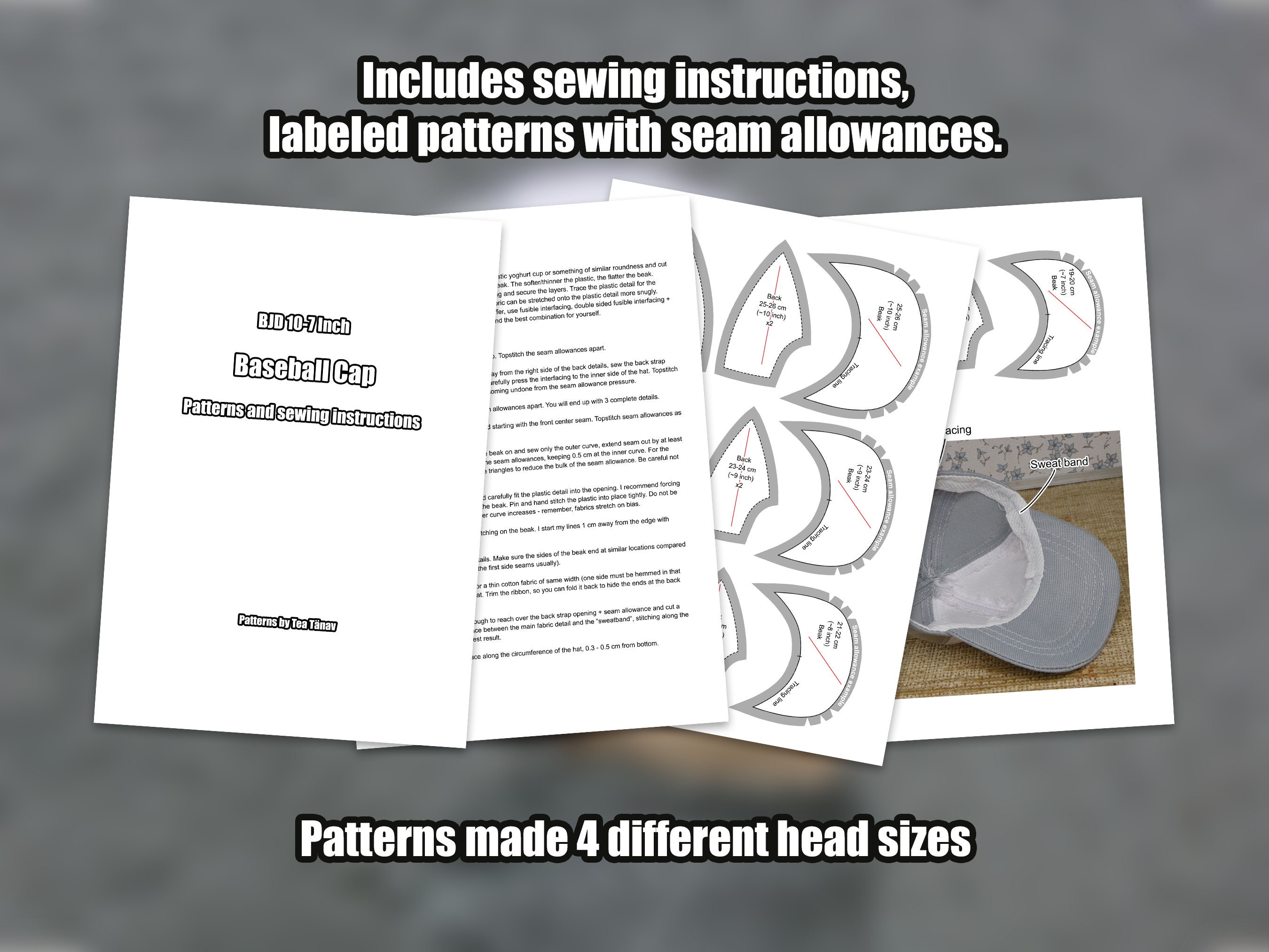 BJD Doll Baseball Cap Sewing Pattern PDF With Instructions 4 Sizes 10 to 7 Inch - Etsy