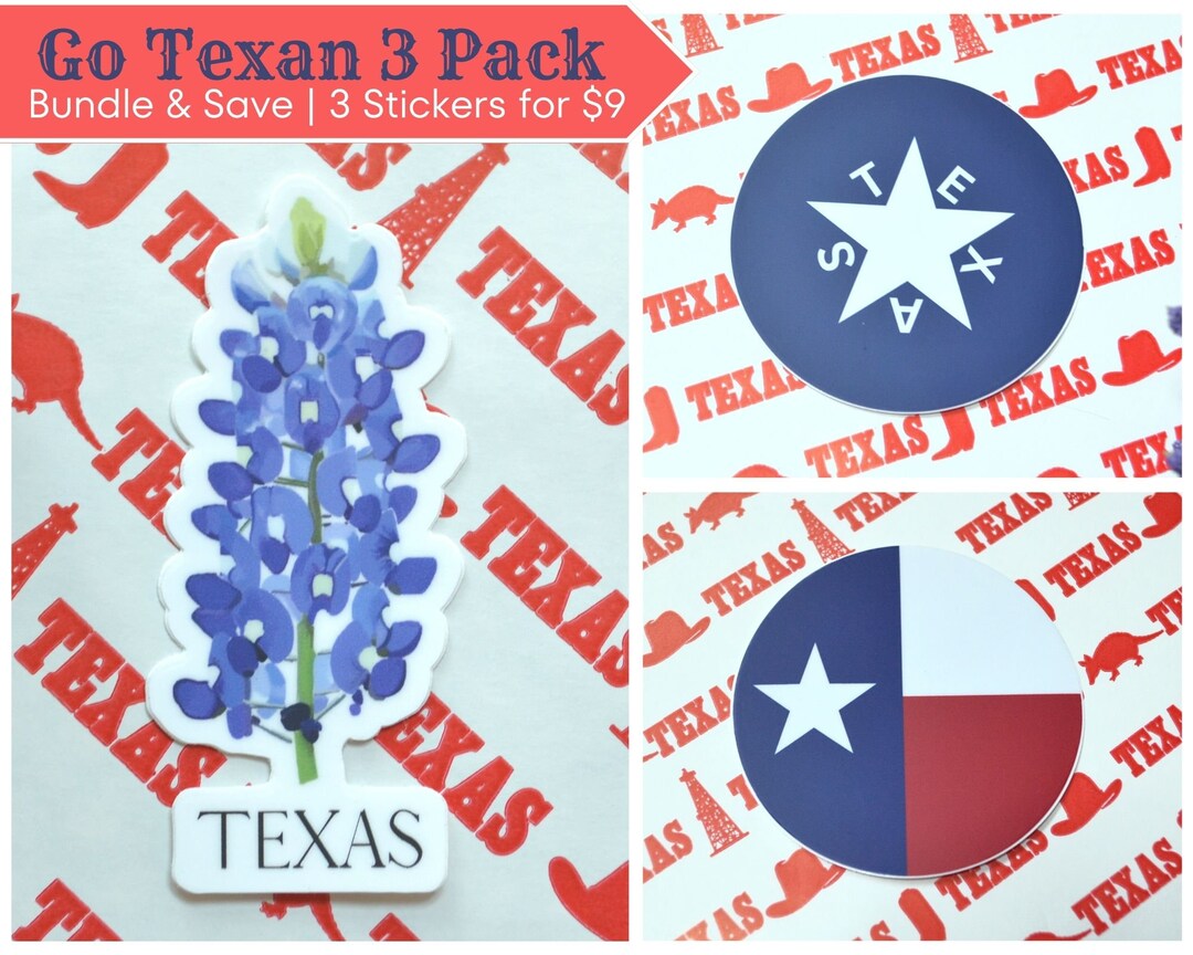 Go Texan 3 Pack Sticker Bundle: Bluebonnet, Texas De Zavala 1836 Flag ...