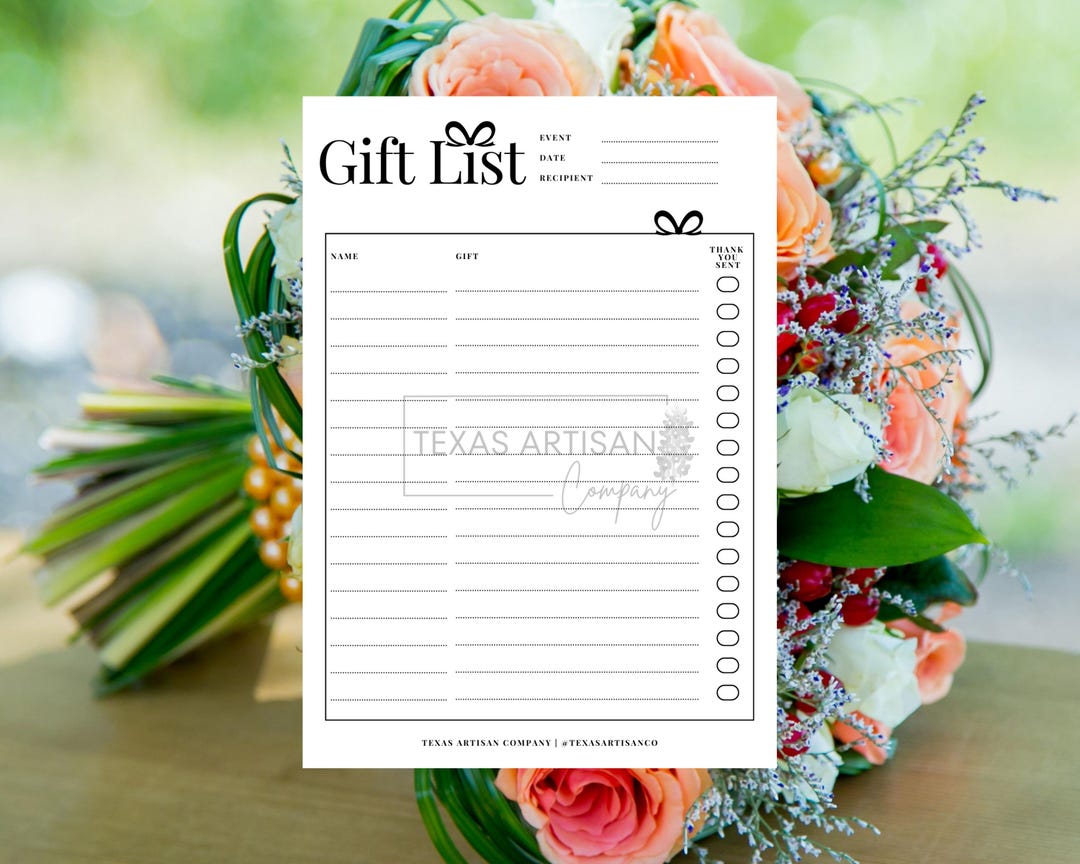 Gift List - PDF Instant Download, Track Gifts @ Bridal/baby Shower ...