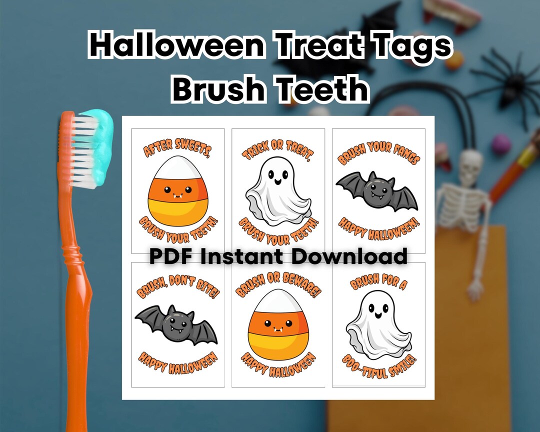 Brush Your Teeth Halloween Treat Tags, Trick or Treat Non-candy Favors ...