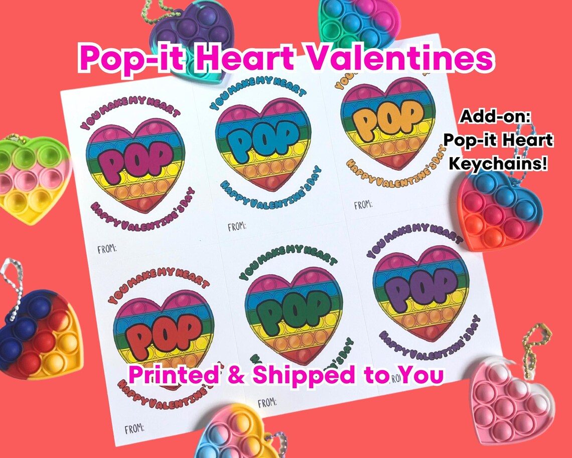 Pop-it Heart Valentines + Keychains: Non-candy Valentine Card Set ...