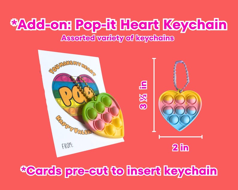 Pop-it Heart Valentines + Keychains: Non-candy Valentine Card Set ...