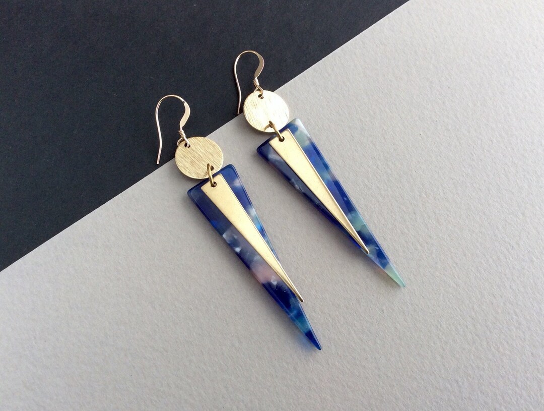 Long Brass Spike Drop, Bright Blue, Light Earrings, Marbled Earrings ...