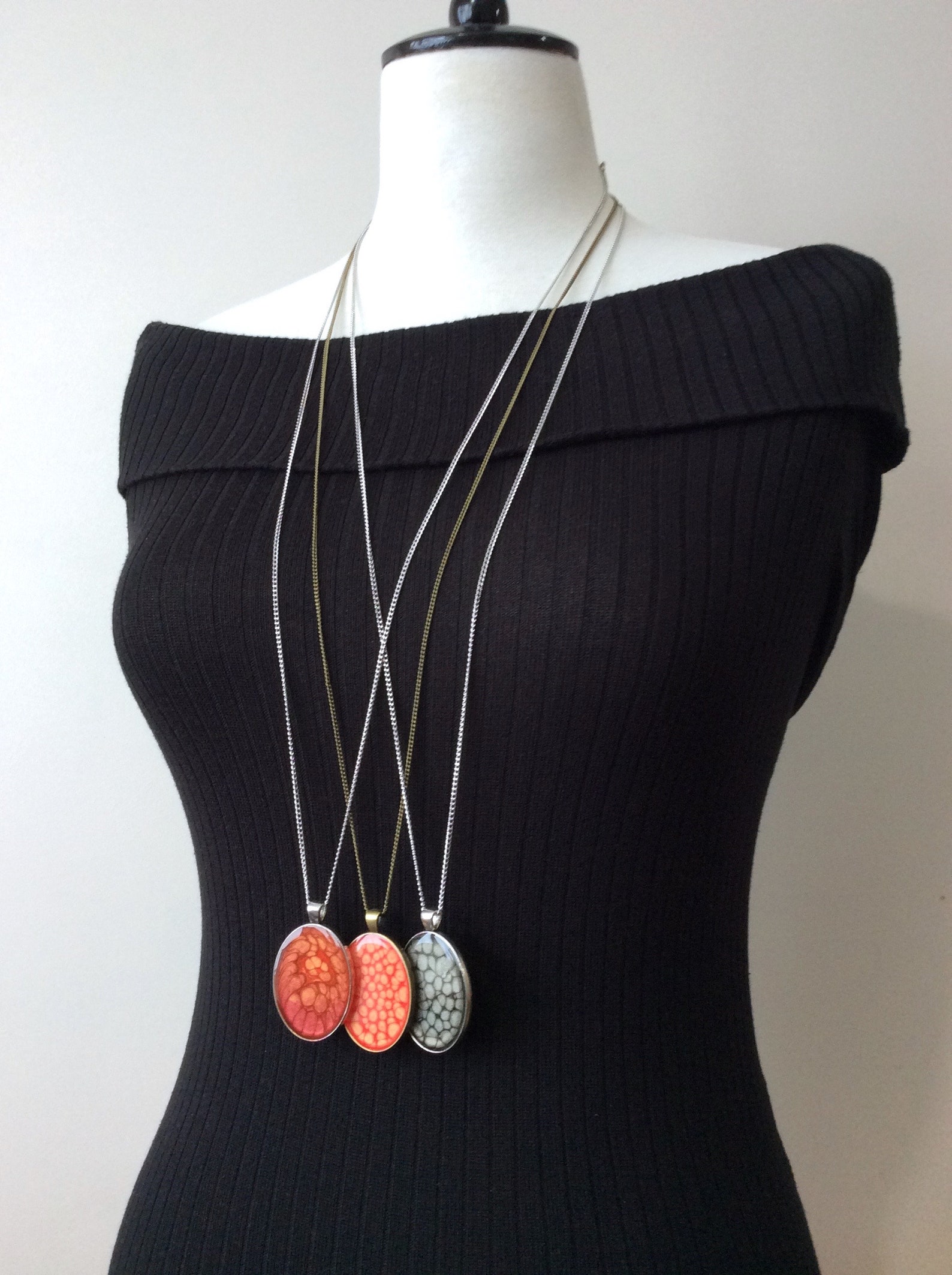 Oval Pendant, Long Necklace, Large Pendant, Red Necklace With Pendant ...