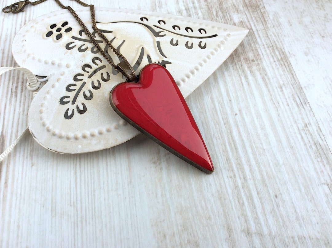 Large Heart Necklace, Bright Red Pendant, Bronze Pendant, Long, Bronze ...