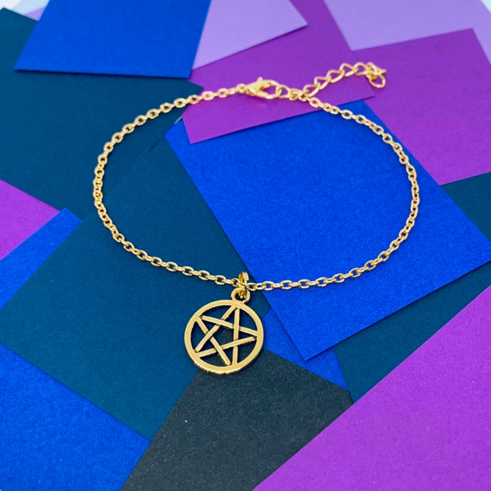 Antique Gold Pentacle or Pentagram Charm on Golden Cable Chain | Etsy