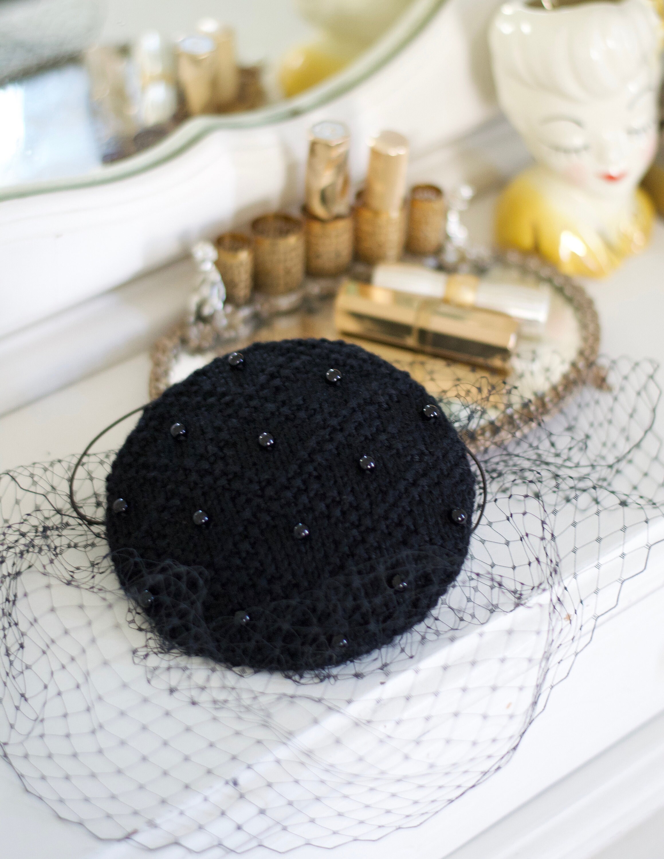 KNITTING PATTERN - Black Fascinator With Veil, Funeral Hat With Veil ...