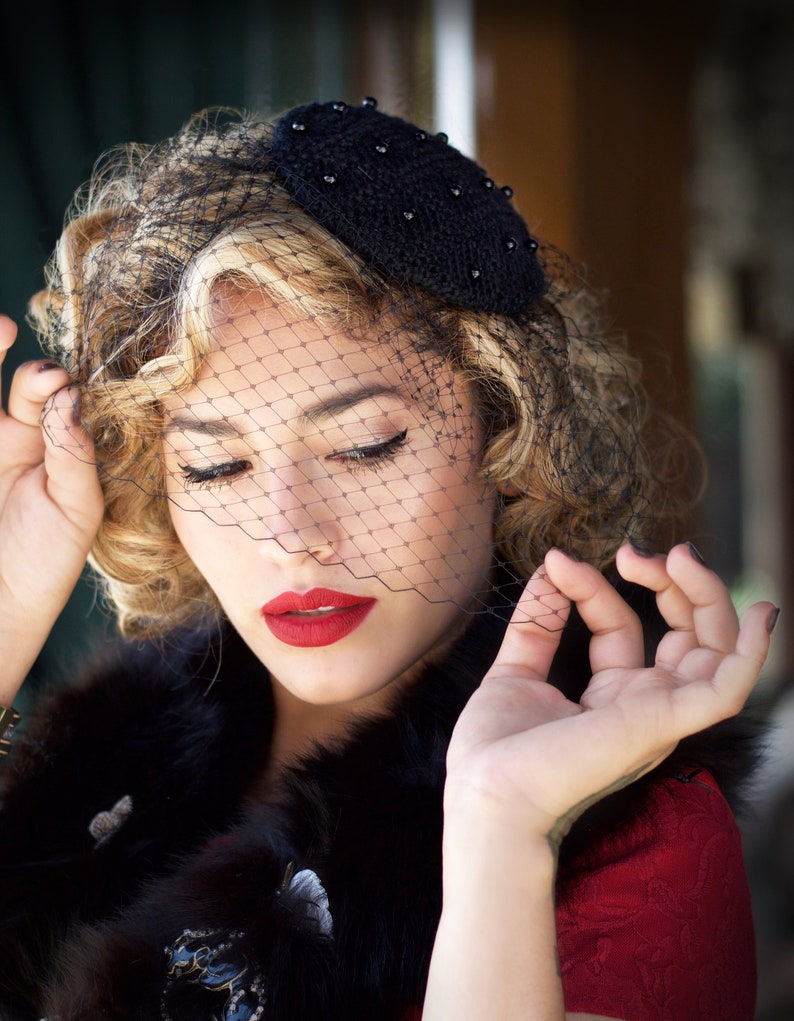 KNITTING PATTERN - Black Fascinator With Veil, Funeral Hat With Veil ...