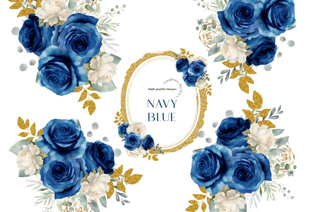 Elegant Navy Blue Flowers Watercolor Bouquets Clipart, Gold Floral ...