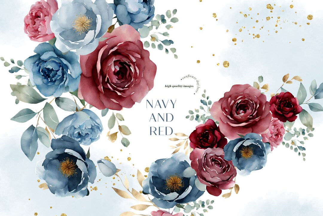 Elegant Navy & Red Flowers Watercolor Bouquets Clipart, Navy Blue ...