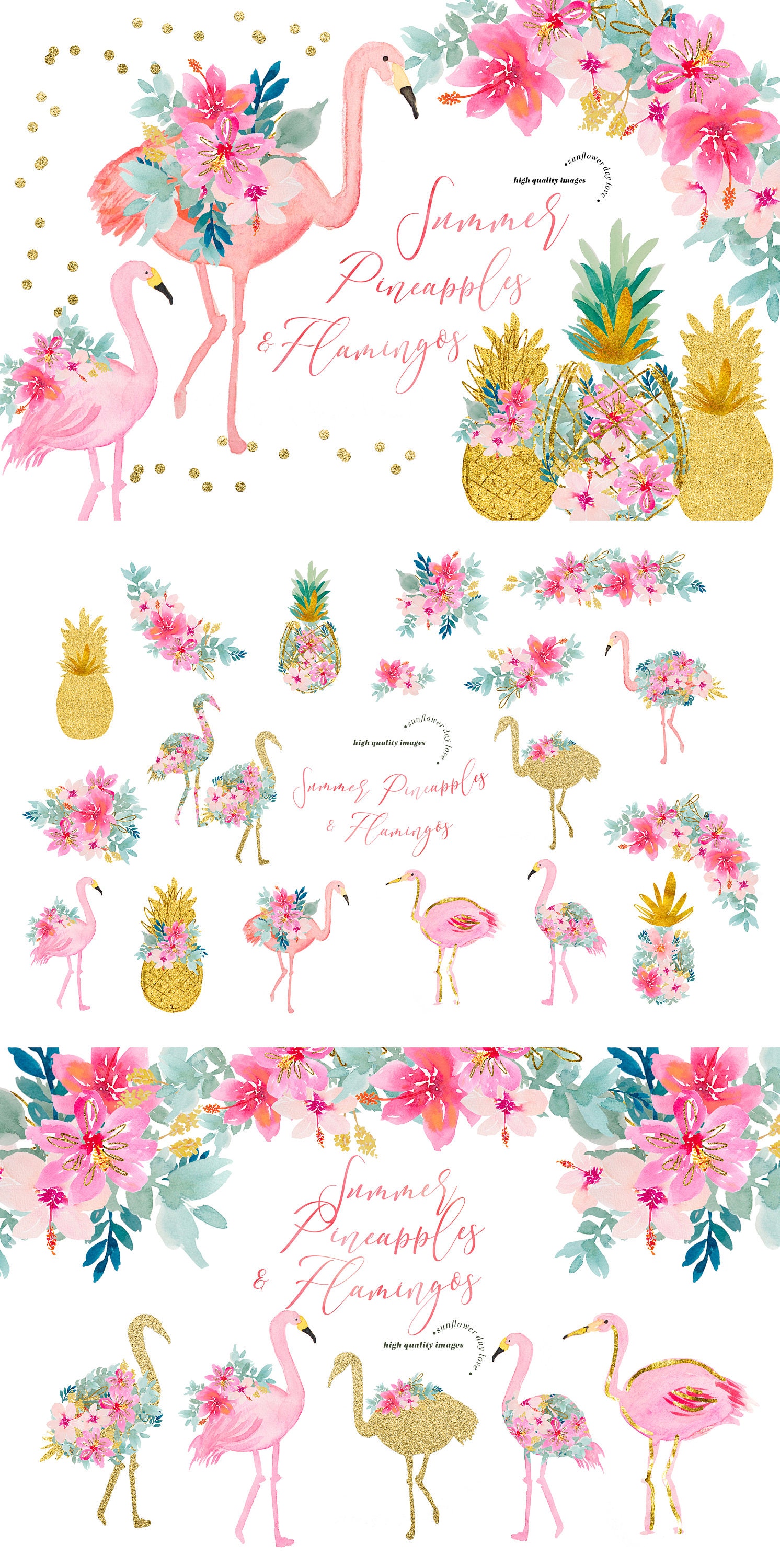 Tropical Clip Art Pink Flamingos Watercolor Summer Clipart - Etsy