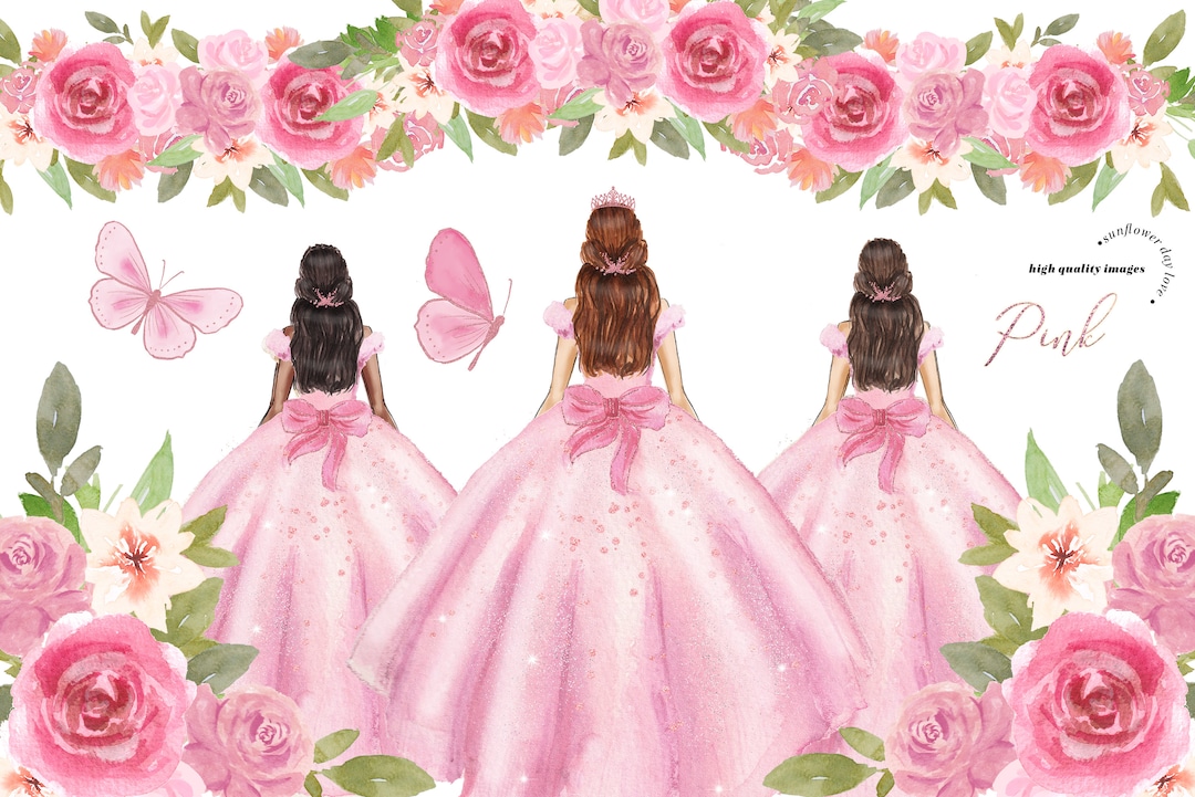 Elegant Pink Princess Dresses Quinceañera Pink Flowers Watercolor ...