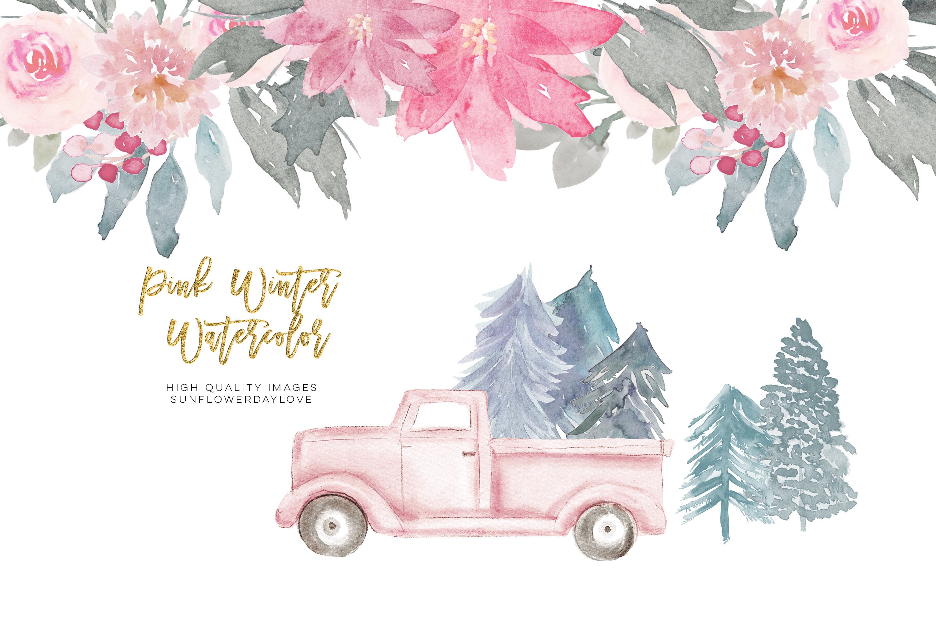 Pink Christmas clipart floral Pink watercolor clipart hand | Etsy