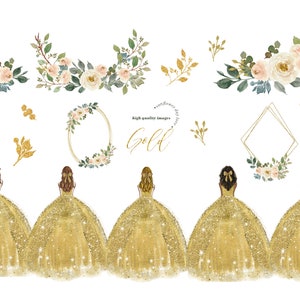 Elegant Gold Princess Dresses Quinceanera White Flowers Watercolor ...