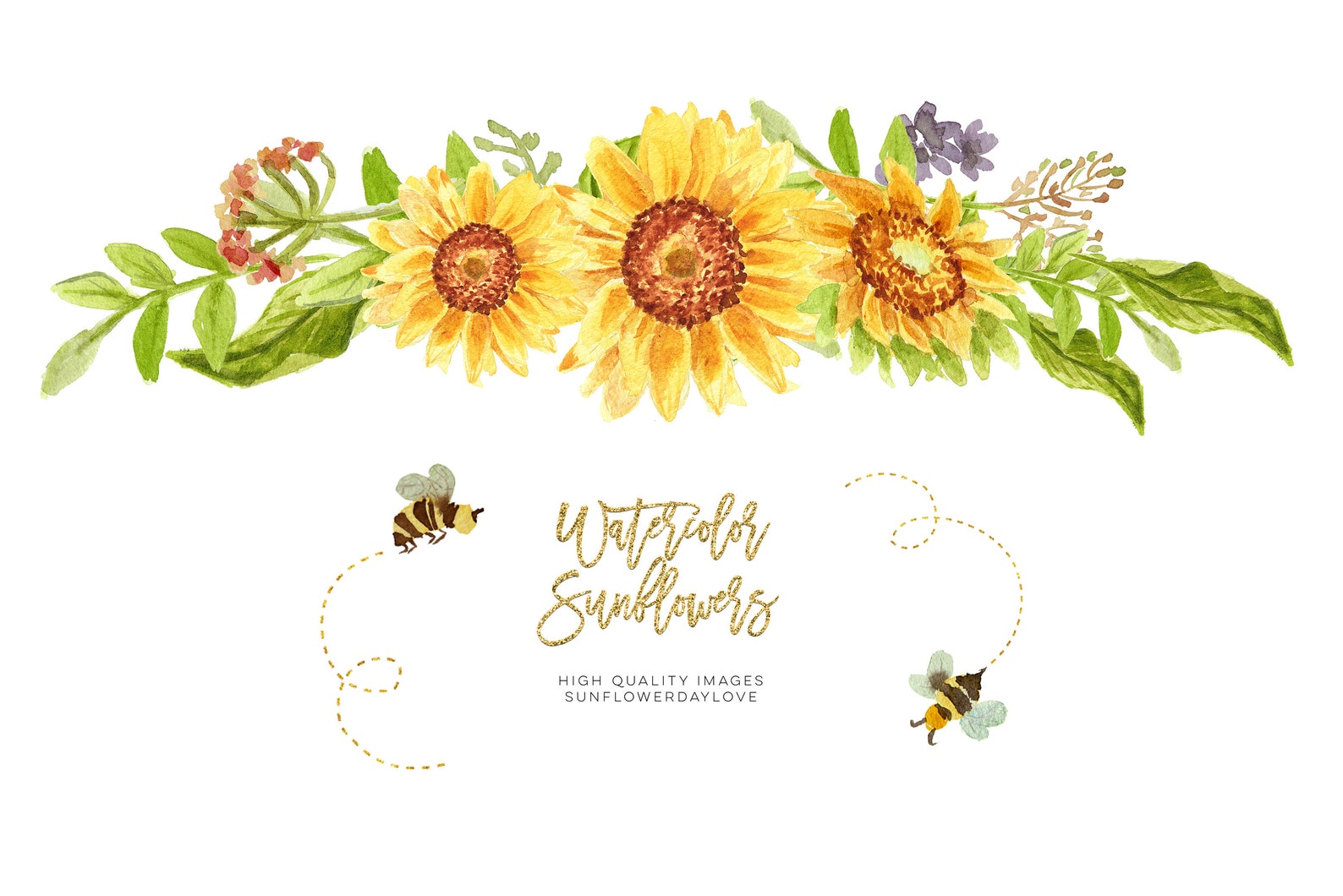 Sunflower Clipart Bee and Sunflower Clipart Greenery - Etsy