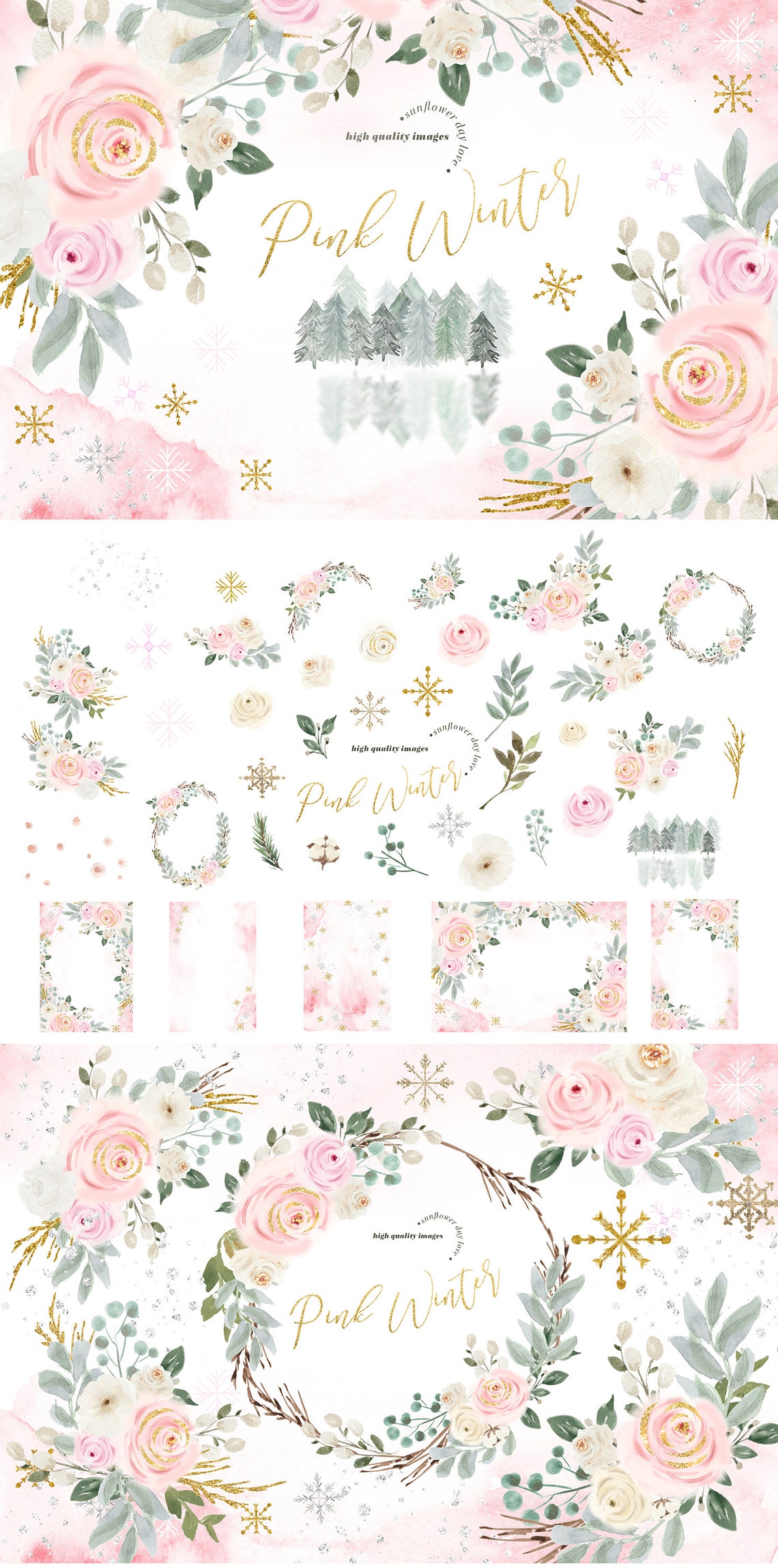 Elegant Winter Pink Floral Pine Trees Watercolor Clipart - Etsy