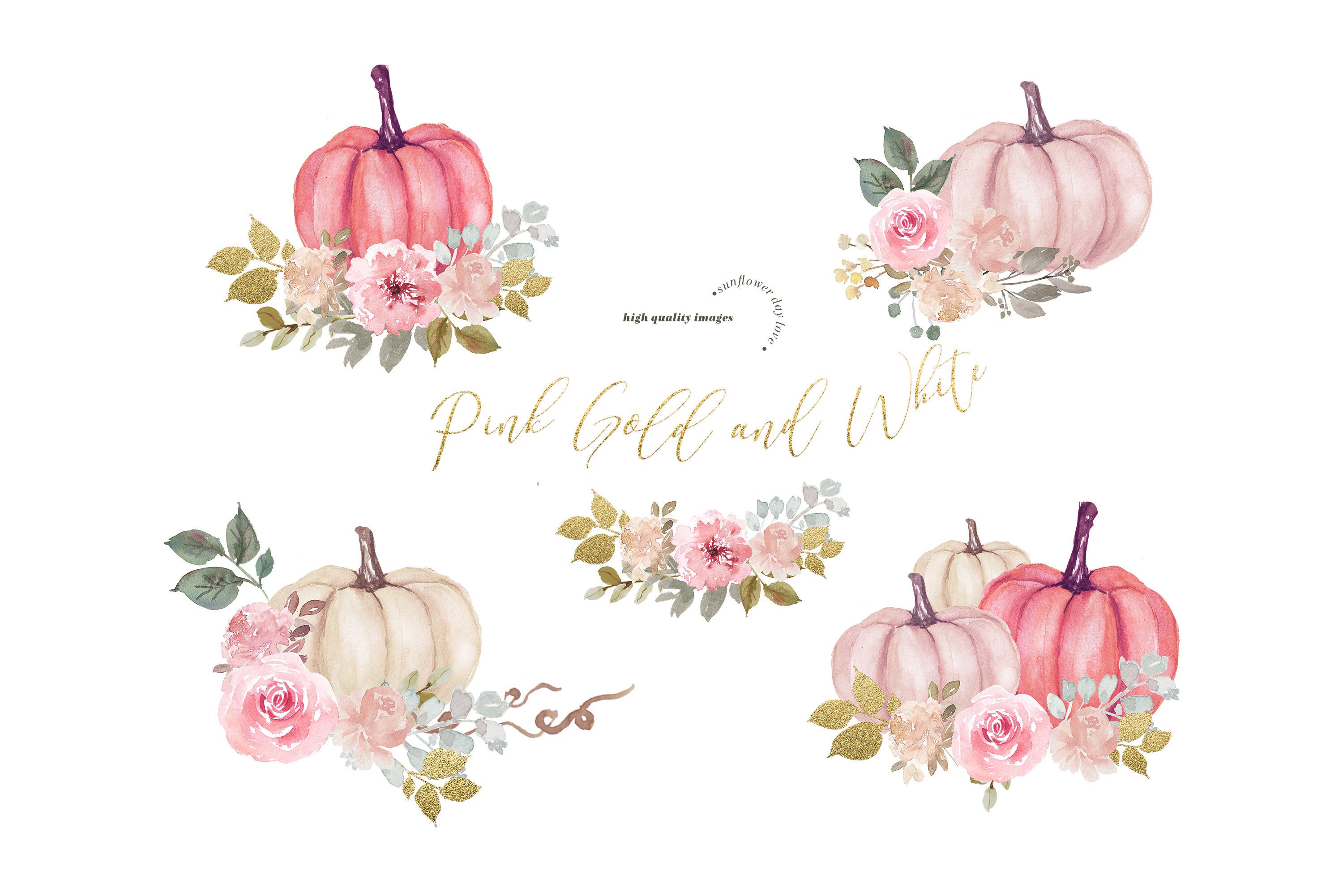 Modern Pink & Gold Glitter Flowers Pumpkin Clipart Elegant - Etsy