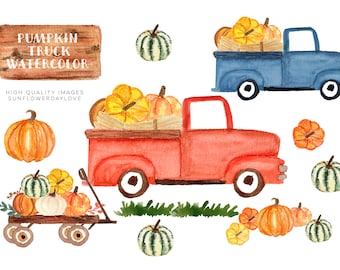 Pumpkin Truck Clipart Watercolor Red Truck Pumpkins Country | Etsy