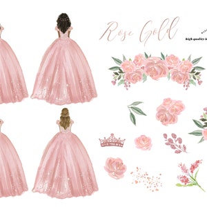 Rose Gold Princess Dresses Quinceañera, Rose Gold Flowers Watercolor ...