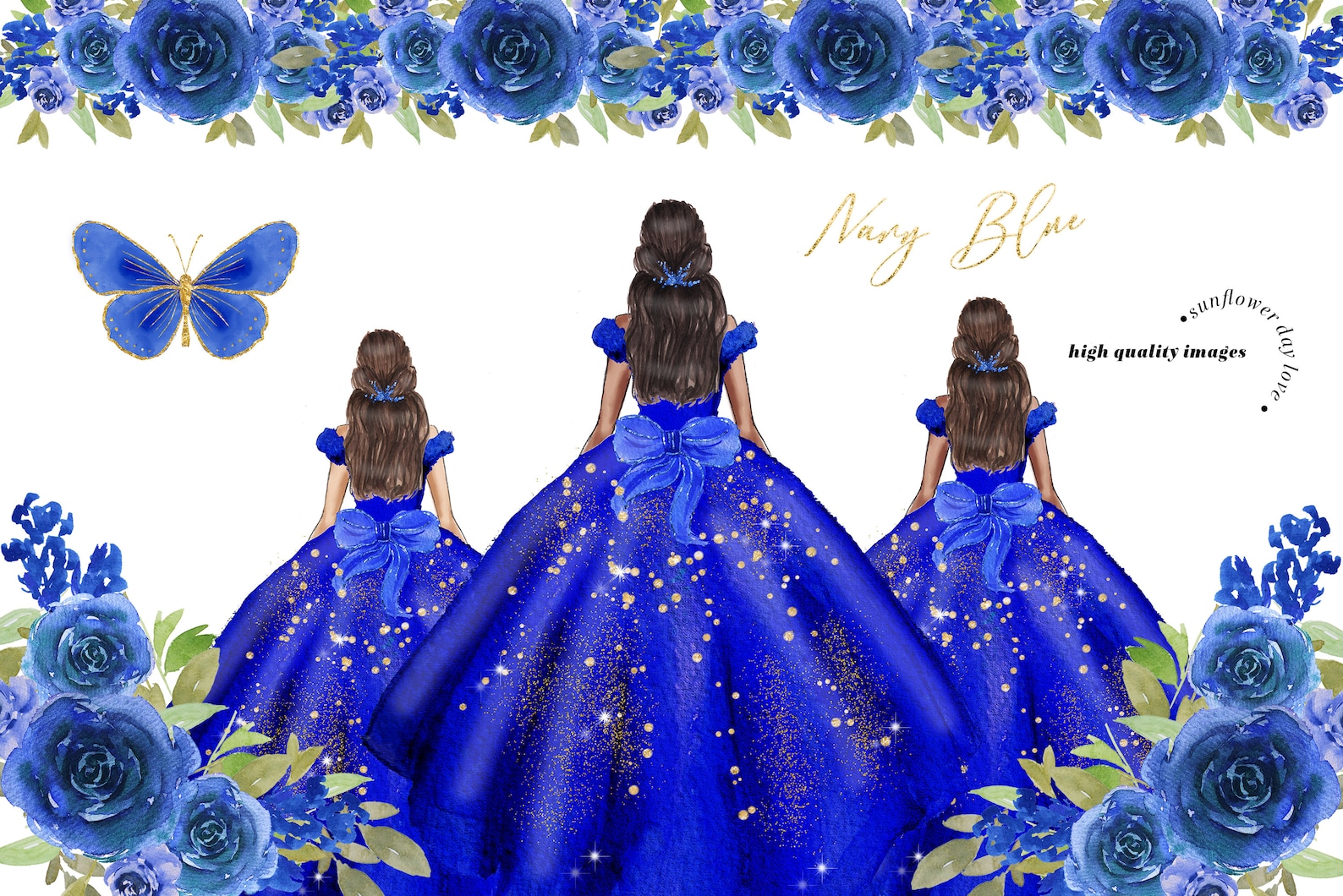 Navy Blue Princess Dresses Watercolor Clipart Navy Blue - Etsy