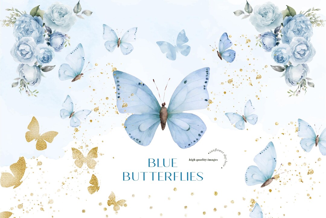 Elegant Blue & Gold Butterflies Clipart, Watercolor Blue Butterfly for ...