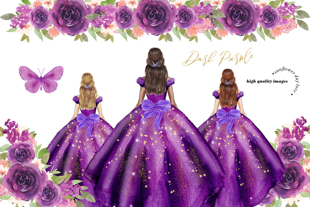 Elegant Dark Purple Princess Dress Clipart, Dark Purple Flowers ...