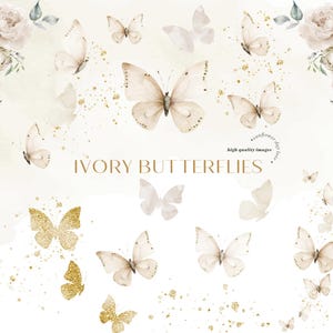 Ivory White Butterflies Clipart, Watercolor White Gold Butterfly for ...