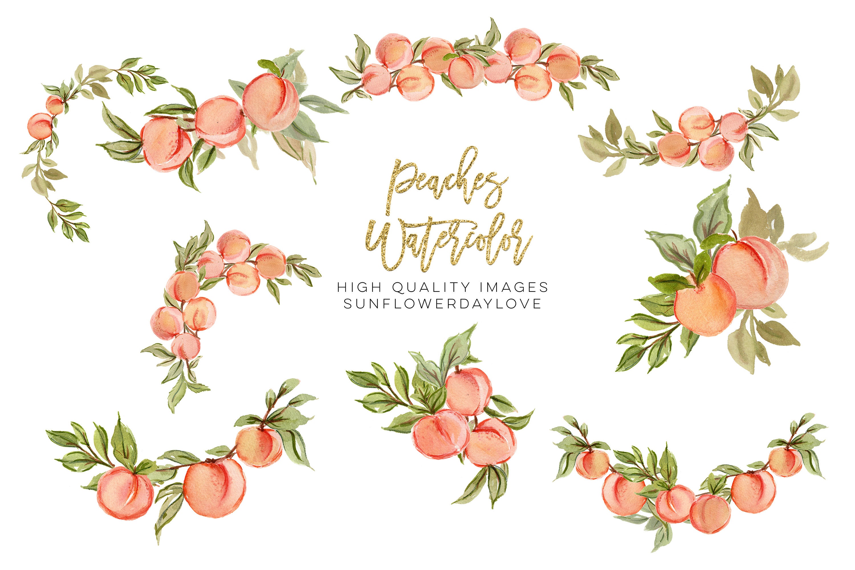 Greenery Summer Peaches Arrangements Watercolor Clipart, Peach Fruit ...