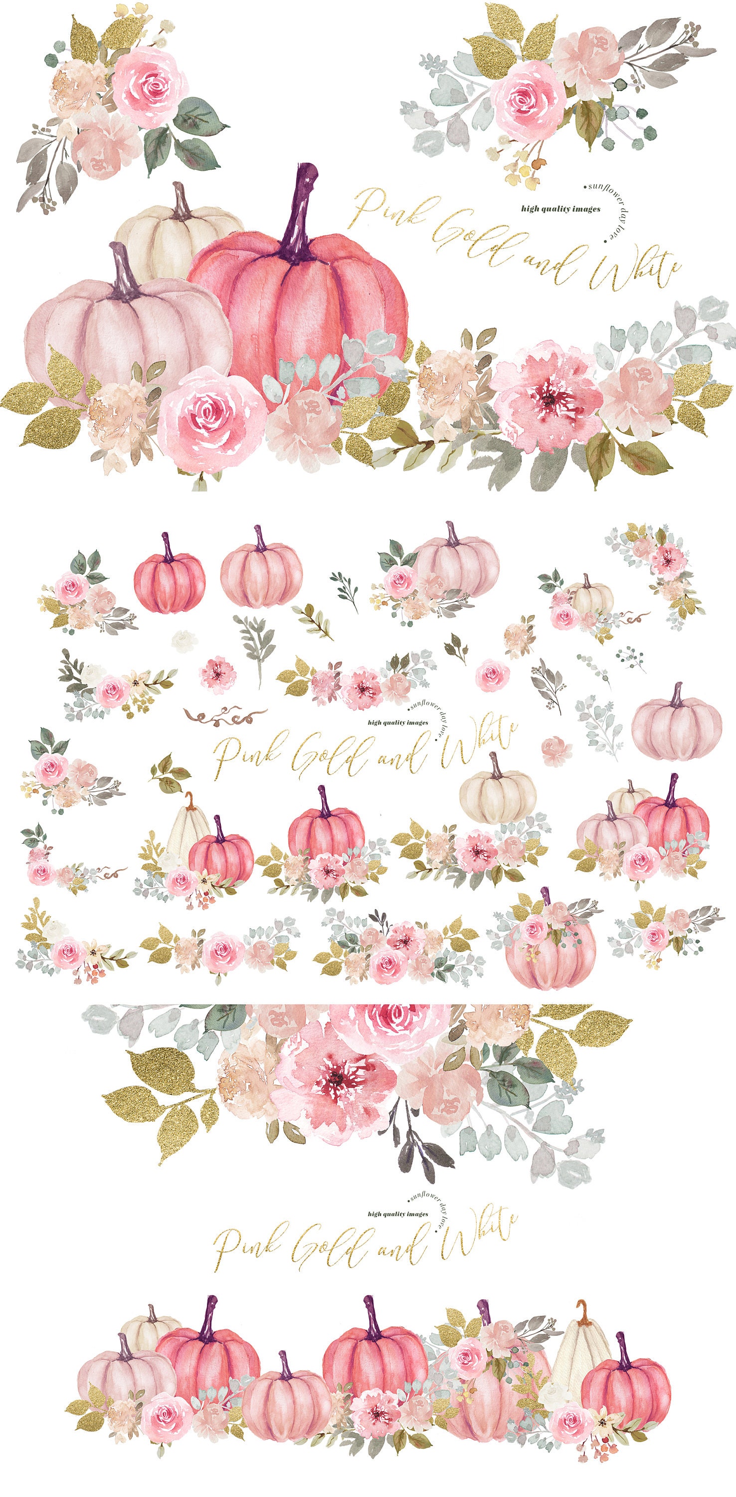 Modern Pink & Gold Glitter Flowers Pumpkin Clipart, Elegant Pumpkin ...