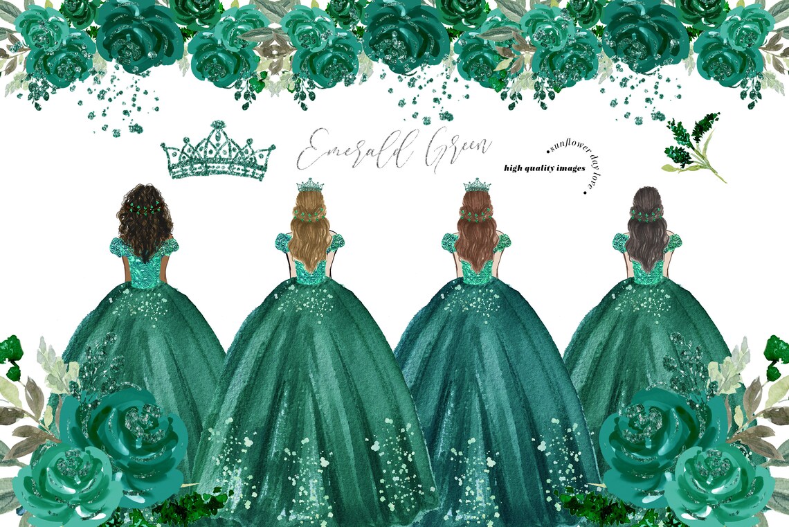 Emerald Green Princess Dress Clipart, Green Flowers Watercolor Clipart ...