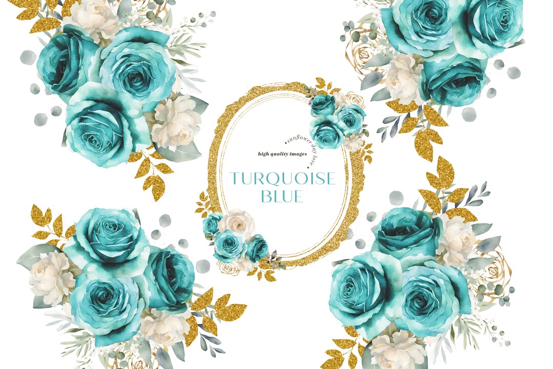 Elegant Turquoise Blue Flowers Watercolor Bouquets Clipart, Gold Floral ...