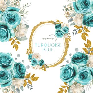 Elegant Turquoise Blue Flowers Watercolor Bouquets Clipart, Gold Floral ...