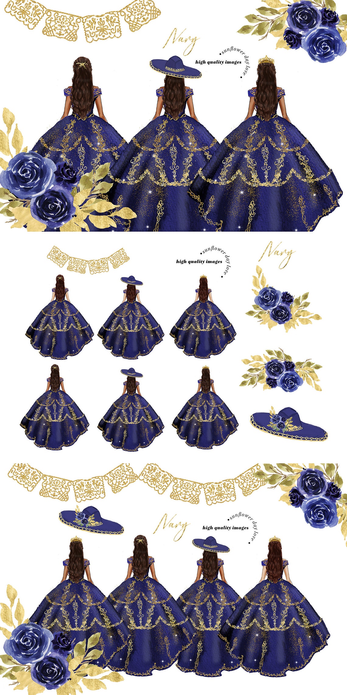 Navy Blue Princess Dresses Watercolor Clipart Navy Blue - Etsy