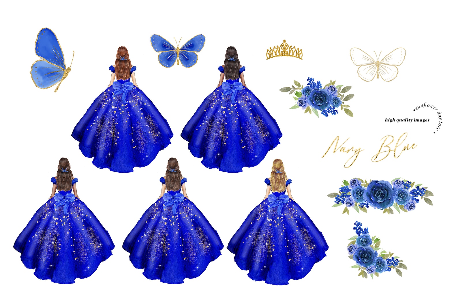 Navy Blue Princess Dresses Watercolor Clipart Navy Blue - Etsy