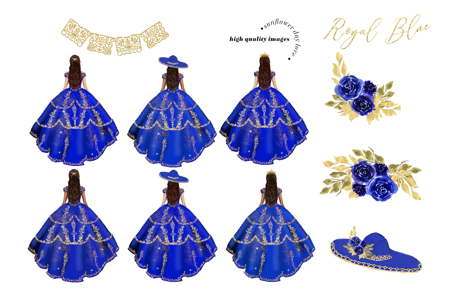 Royal Blue Princess Dresses Watercolor Clipart, Royal Blue Quinceañera ...