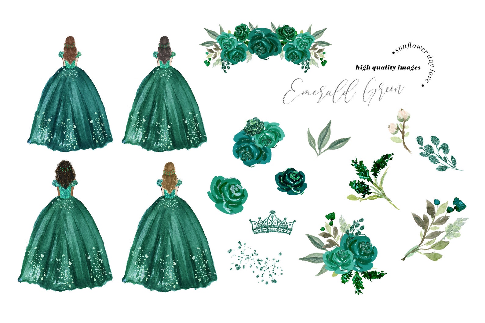 Emerald Green Princess Dress Clipart, Green Flowers Watercolor Clipart ...