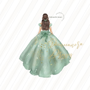 Dusty Green Princess Watercolor Clipart, Emerald Green Quinceañera Clipart, Green Wedding ...