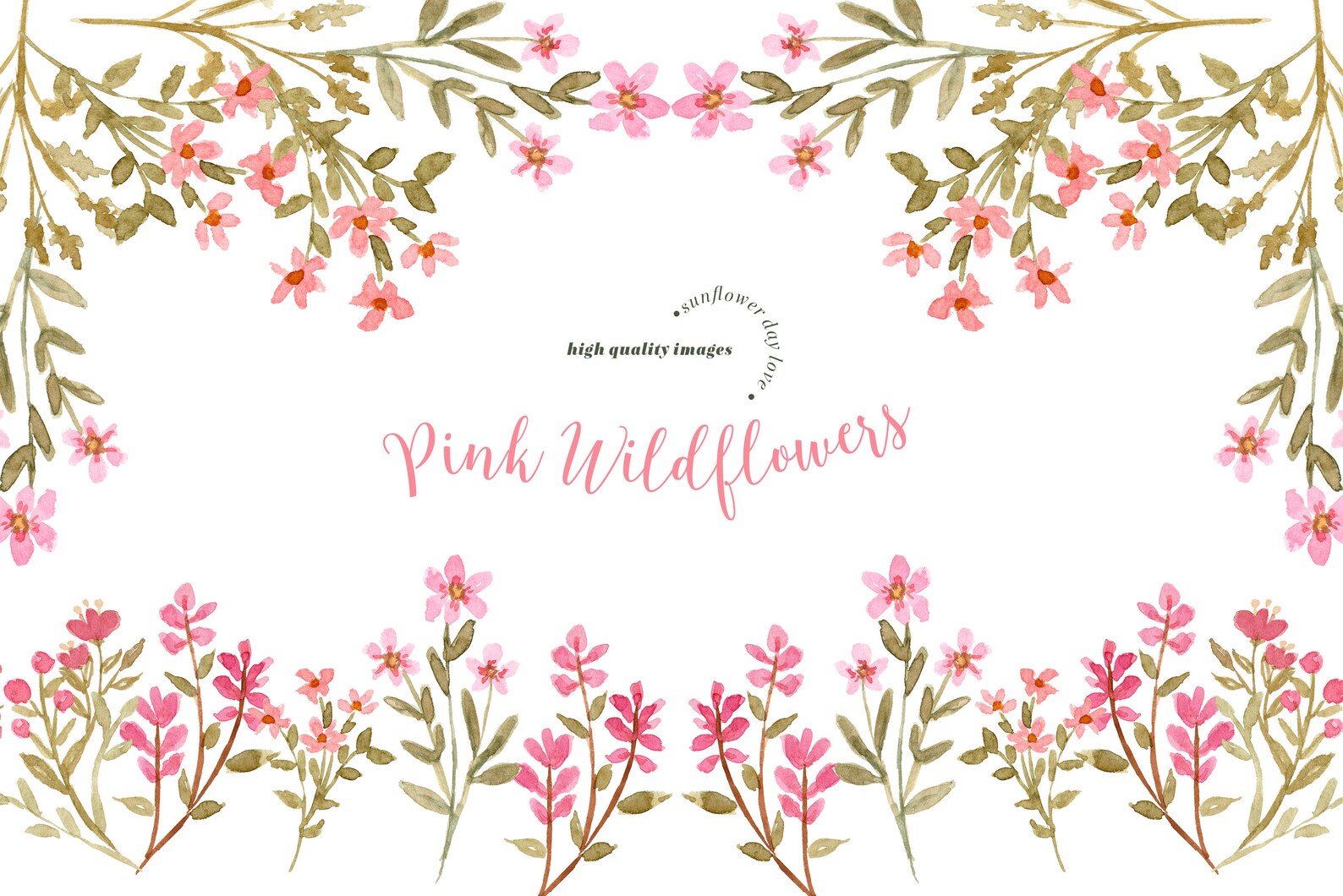 Pink Wildflower Watercolor Clipart Pink Flowers Frame - Etsy