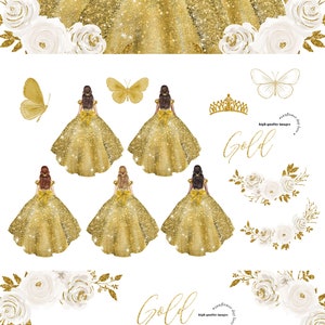 Elegant Gold Princess Dresses Quinceañera White Flowers Watercolor ...