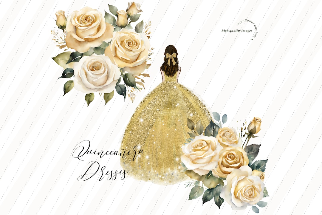 Elegant Gold Princess Dresses Quinceanera White Flowers Watercolor ...
